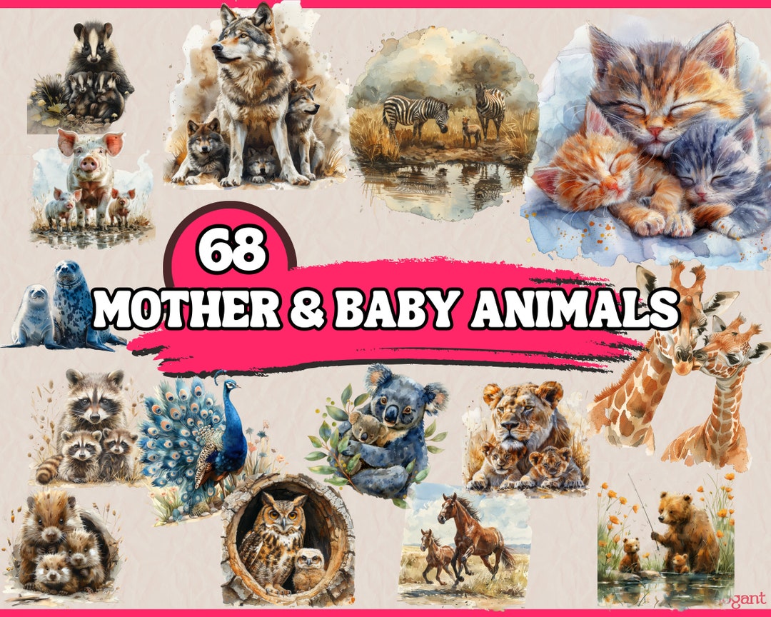 Watercolor Cute Mother and Baby Animals Clipart Bundle, Mom and Baby ...