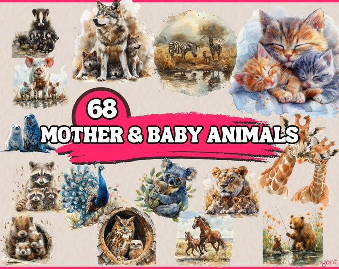 10 Watercolor Animal Mother and Baby Clipart Mothers Day Clipart High ...