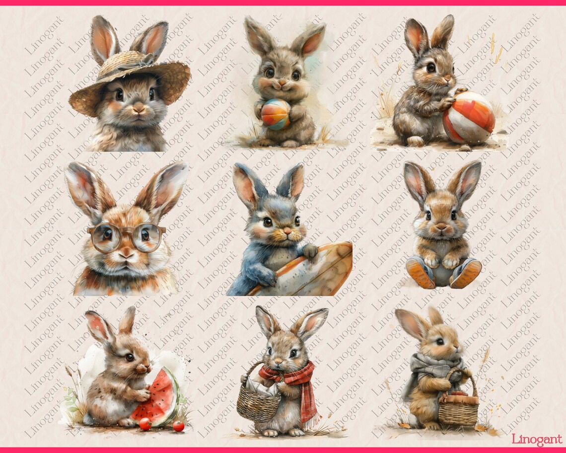 Watercolor Summer Bunny Clipart Bundle, Bunny Clip Art Set, Baby Rabbit ...