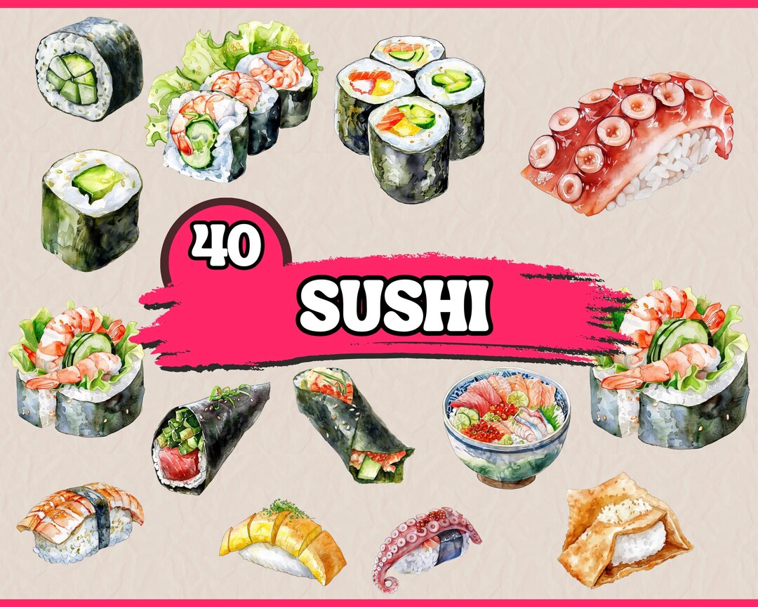 40 PNG Sushi Clipart, Watercolor Japanese Sea Food Clipart, Delicious ...