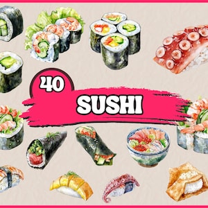 40 PNG Sushi Clipart, Watercolor Japanese Sea Food Clipart, Delicious ...