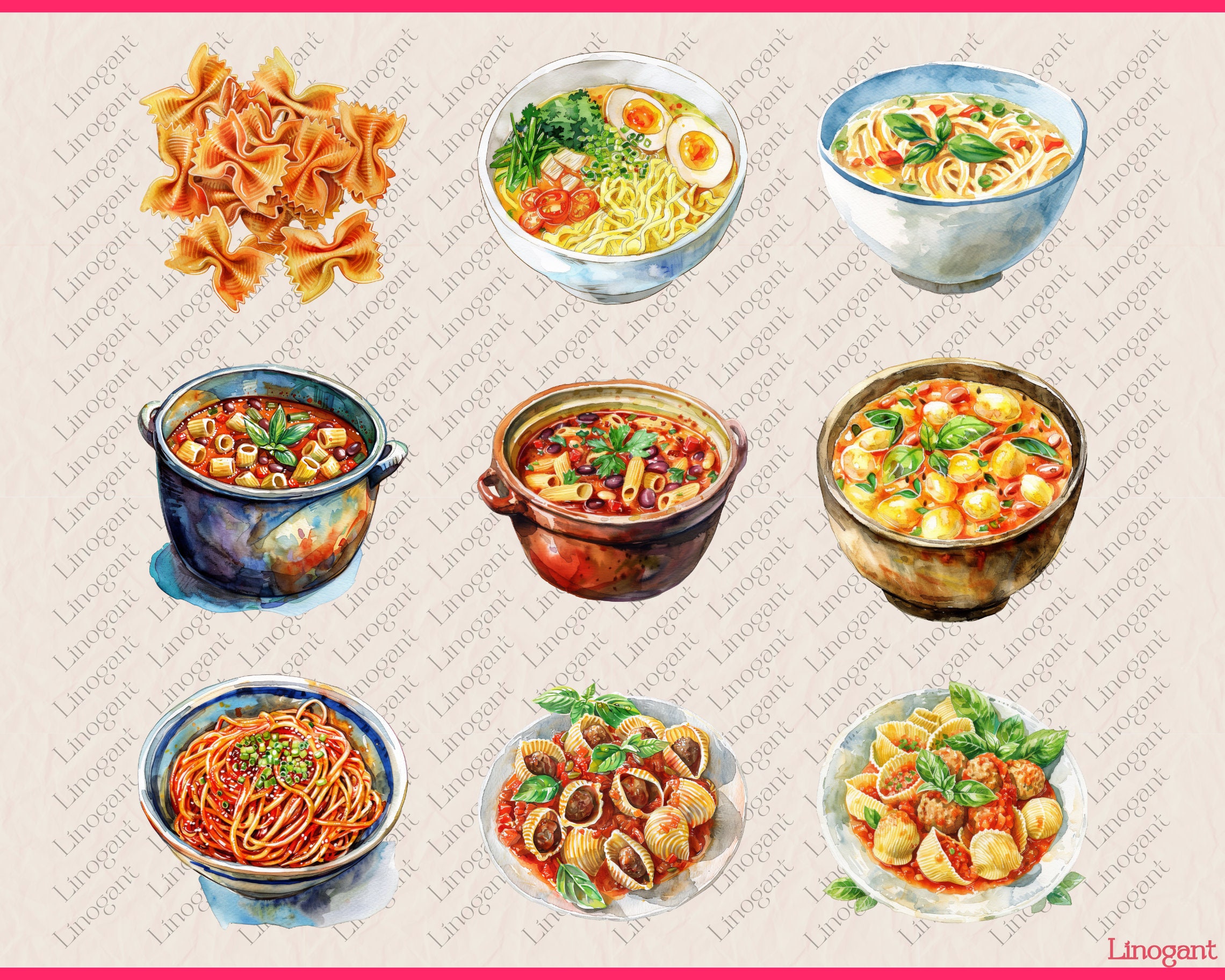 Watercolor Noodle and Pasta Clipart Bundle, Italy Food Clip Art Set ...