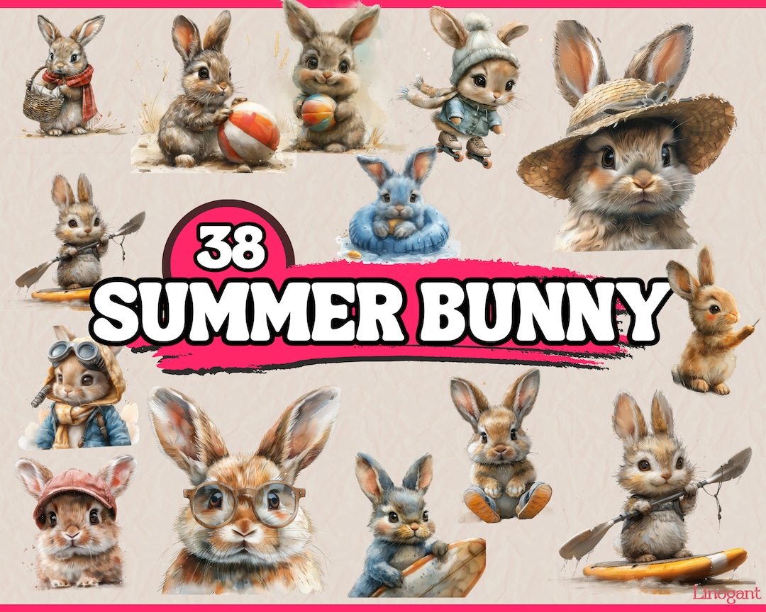 Watercolor Summer Bunny Clipart Bundle, Bunny Clip Art Set, Baby Rabbit ...