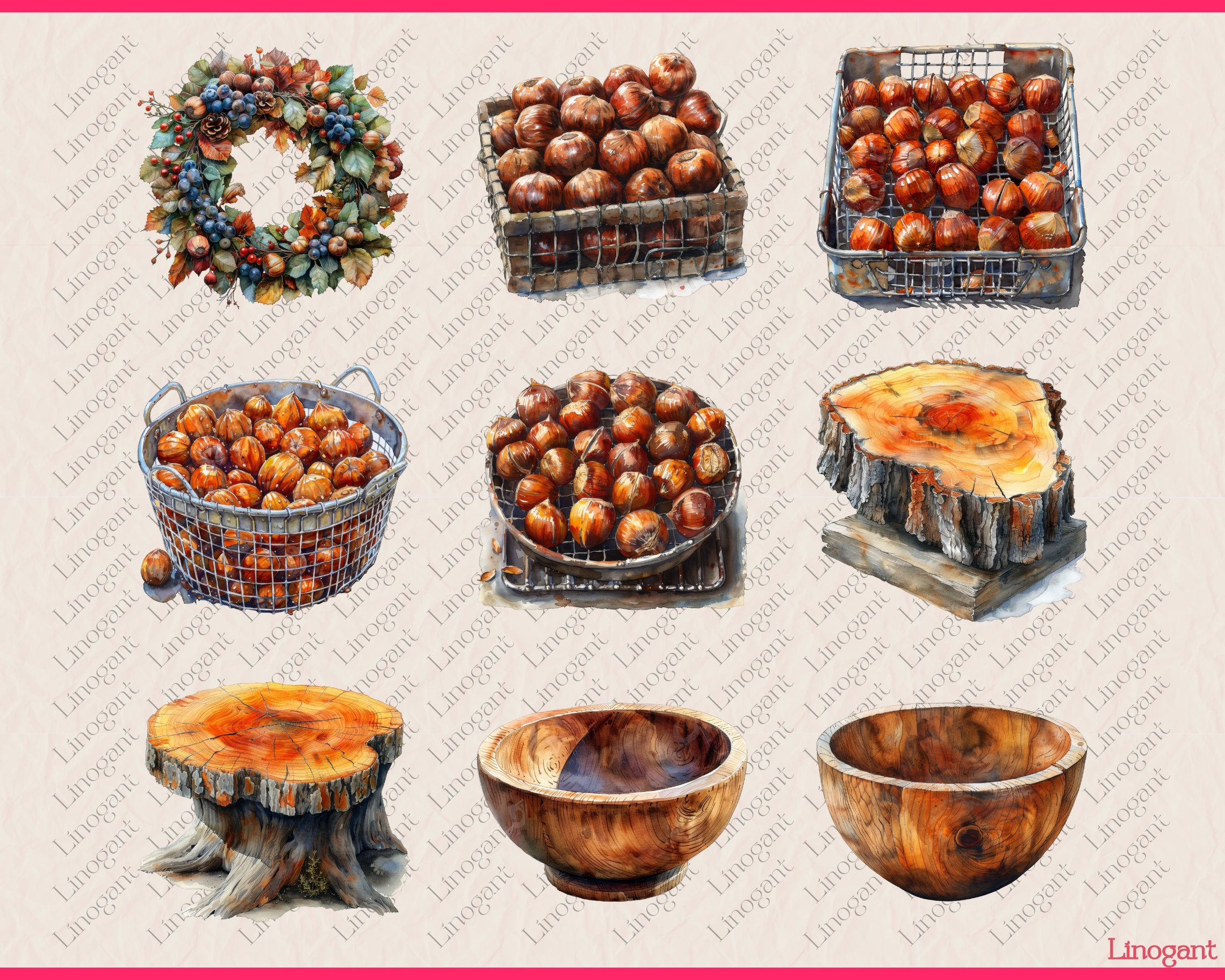 Watercolor Chestnut Clipart Bundle, Chestnut Nuts Clip Art Set, Box ...