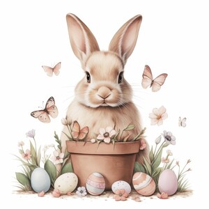 10 Easter Bunny in Pot Clipart Bundle, Cute Baby Rabbit Illustration ...