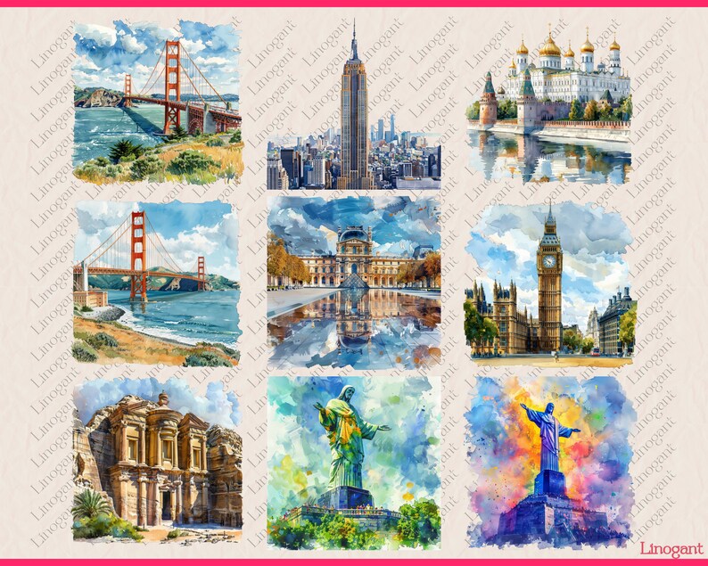 Watercolor Landmarks Clipart Bundle, Popular Landmarks Clip Art Set ...