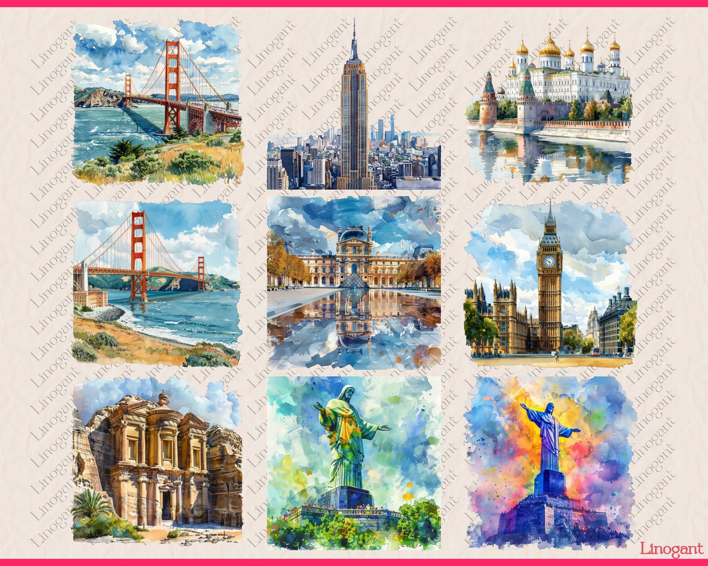 Watercolor Landmarks Clipart Bundle, Popular Landmarks Clip Art Set ...