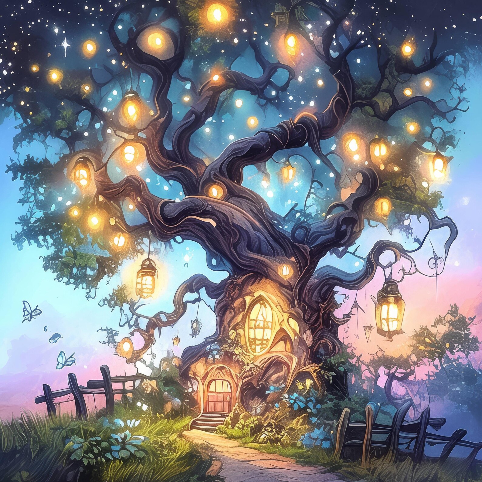 21 Fairy Tale Tree With Lanterns Clipart, Commercial Use, Whimsical ...