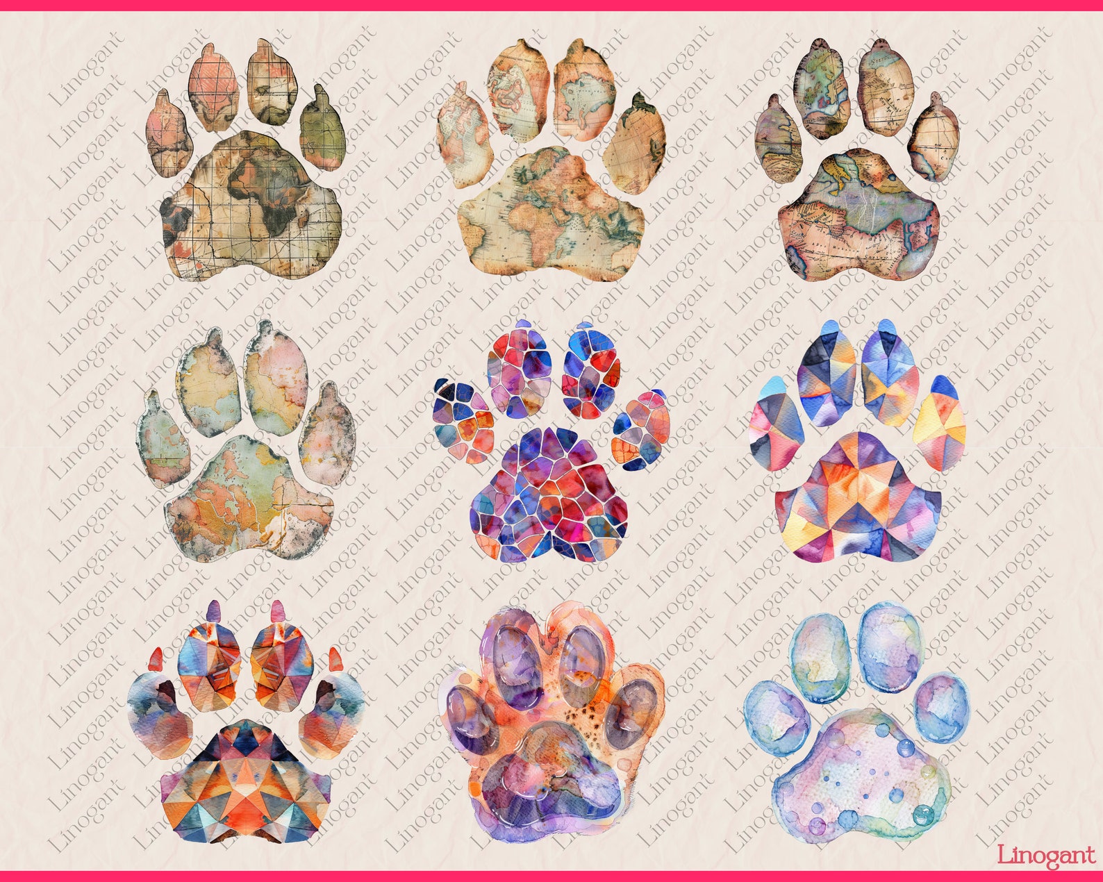 Watercolor Paw Print Clipart Bundle, Animal Footprint Clip Art Set ...
