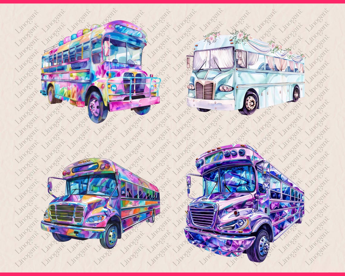 30 PNG Watercolor Party Bus Clipart, Rainbow Shiny Bus Clipart With ...