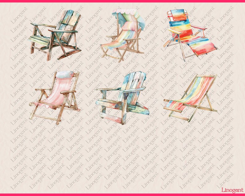 Watercolor Beach Chair Clipart Bundle, Sea Side Sunbed Clip Art Set ...
