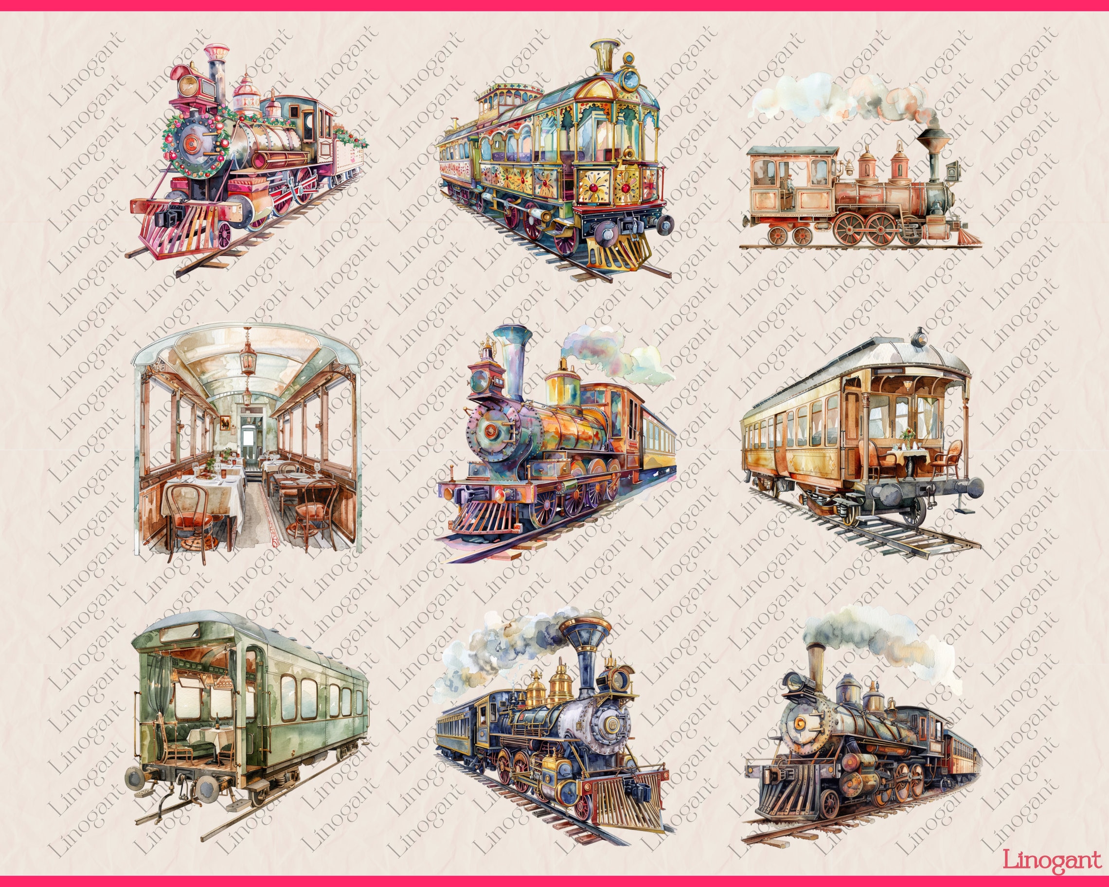 Watercolor Victorian Train Clipart Bundle, Travel on Railroad Vintage ...