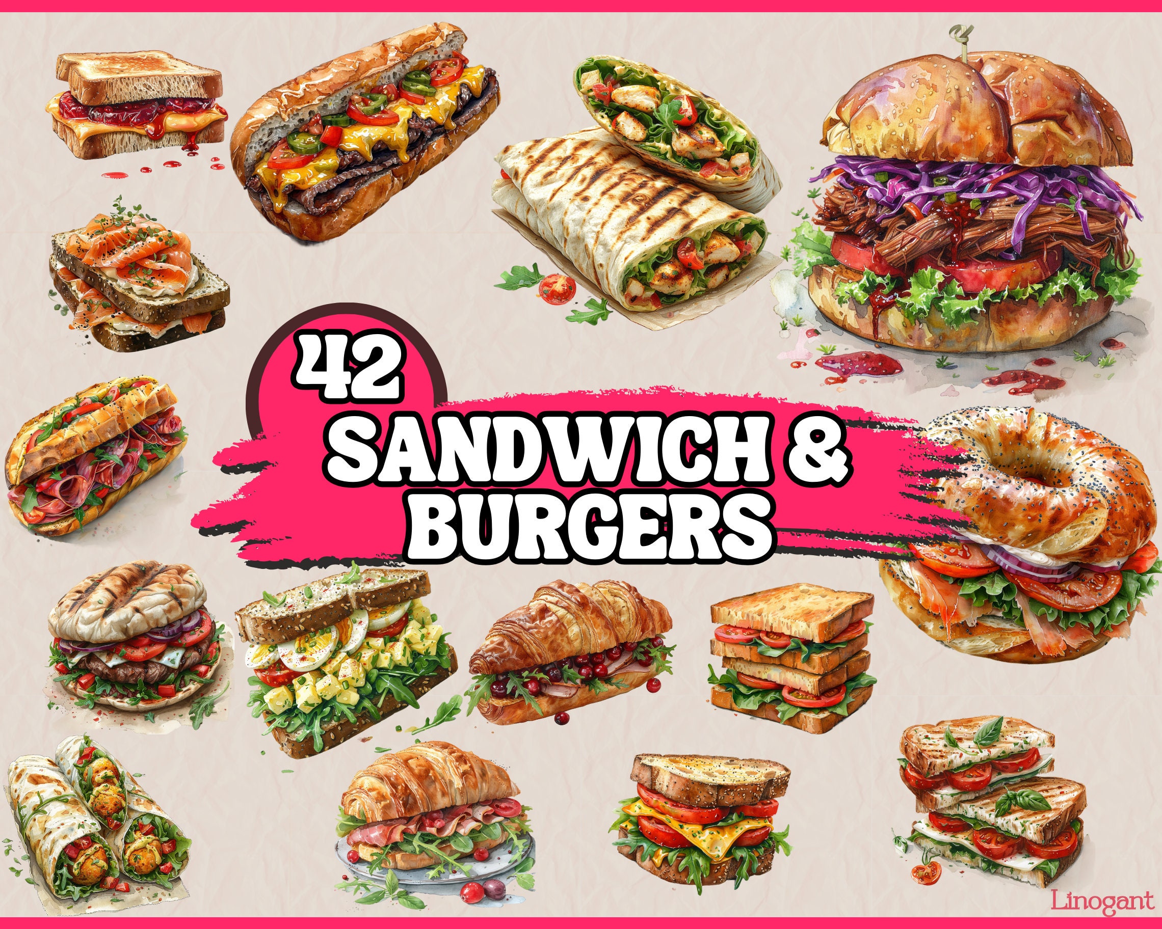 Watercolor Sandwich Clipart Bundle, Breakfast Food Clip Art Set, Bakery ...