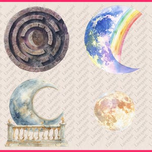 Watercolor 25 PNG Mystical Moon Clipart Bundle, Whimsical Lunar Clip ...