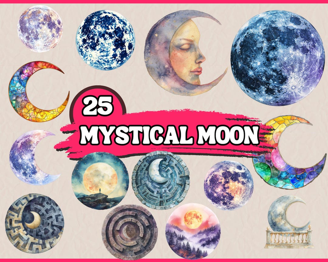 Watercolor 25 PNG Mystical Moon Clipart Bundle, Whimsical Lunar Clip ...