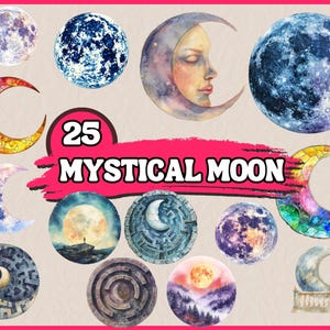 Watercolor 25 PNG Mystical Moon Clipart Bundle, Whimsical Lunar Clip ...