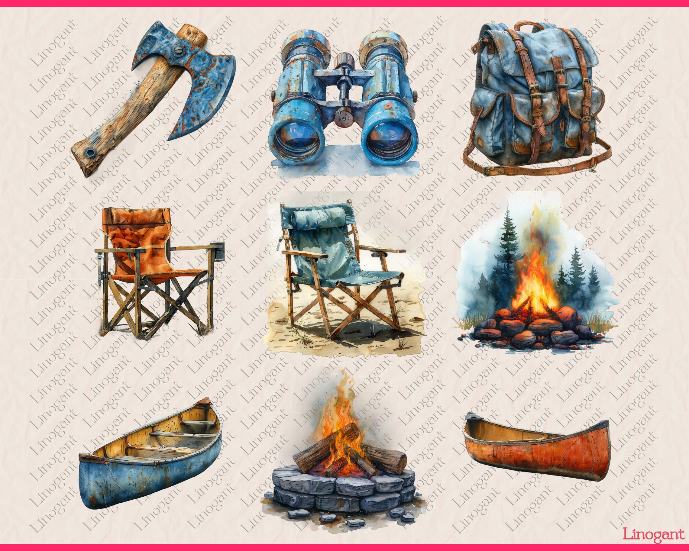 Watercolor Camping Clipart Bundle, Camp Gear Clip Art Set, Campfire ...