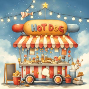 Adorable Hot Dog Cart Clip Art 13 High Res Watercolor Jpgs for Junk ...