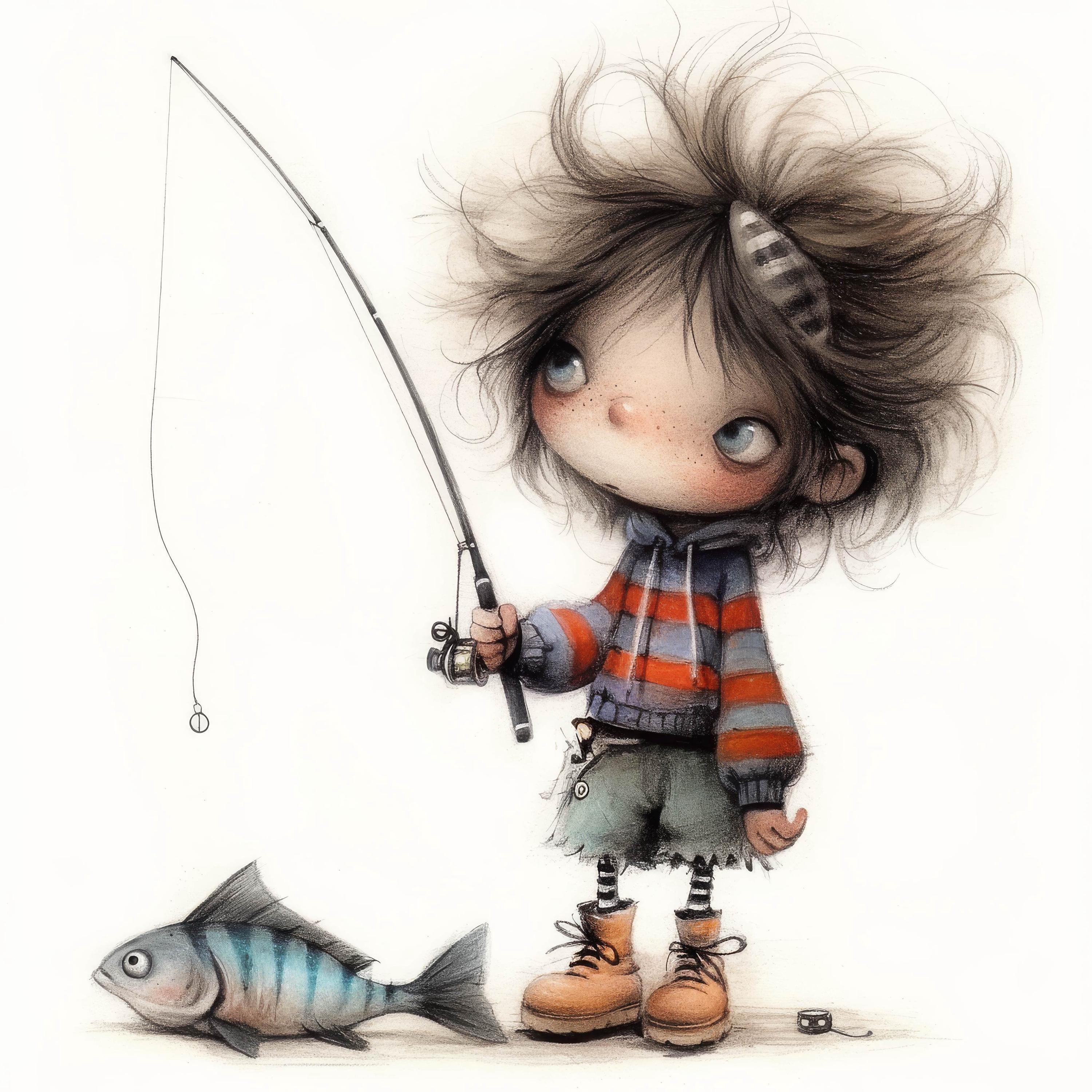Frazzled Fishing Kid Clipart 15 High Res Watercolor Jpgs, Junk ...