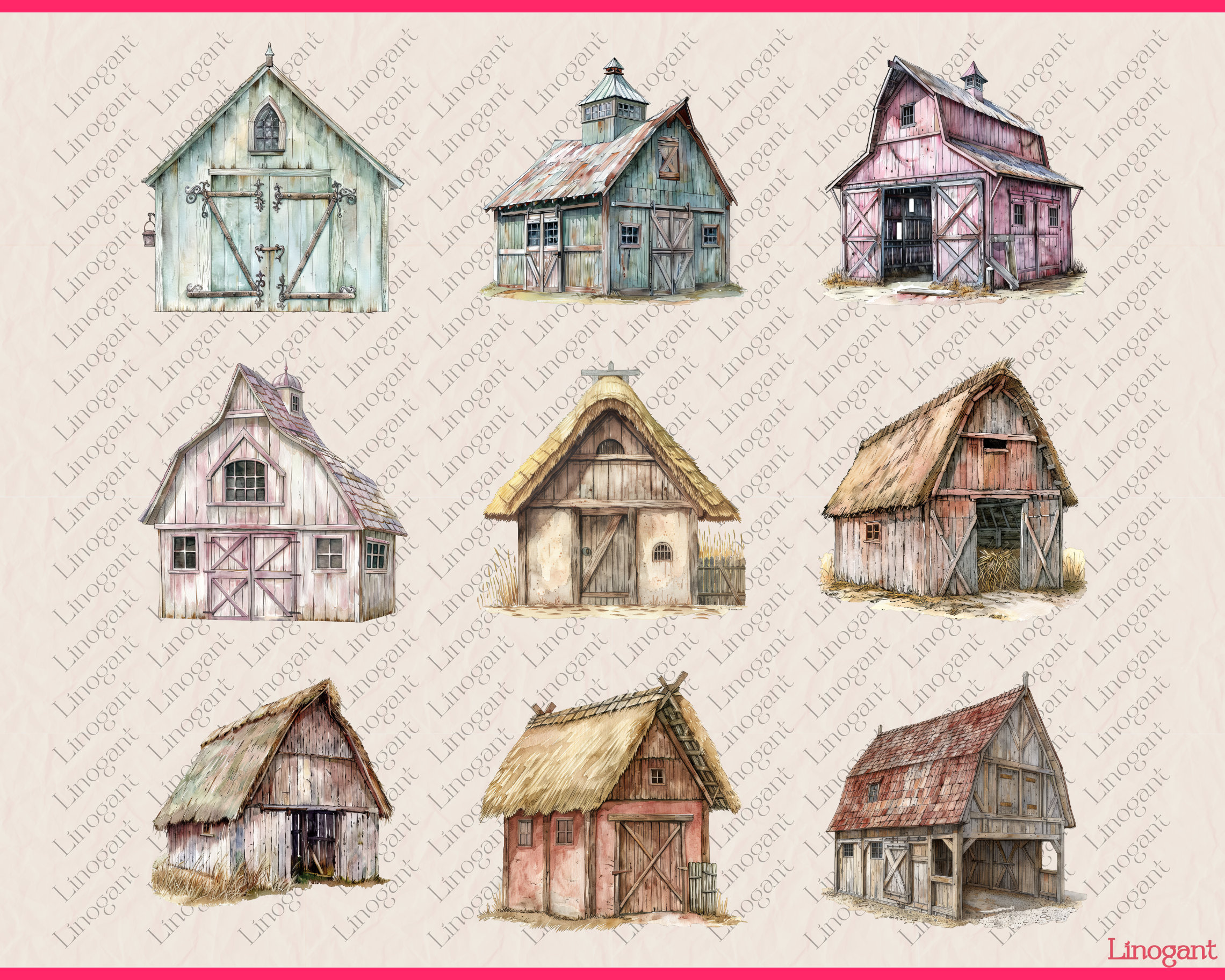 Watercolor Victorian Barn Clipart Bundle, Medieval Farm Clip Art Set ...