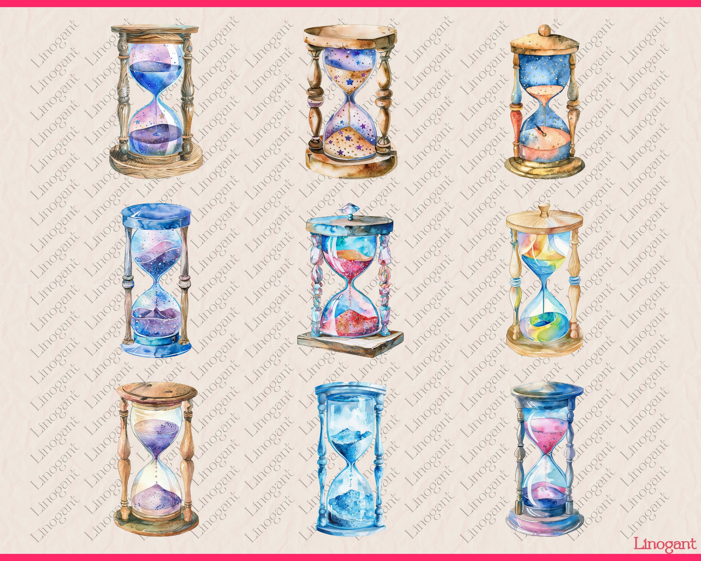 Watercolor Hourglass Sand Timer Clipart Bundle, Magical Fantasy Wooden ...