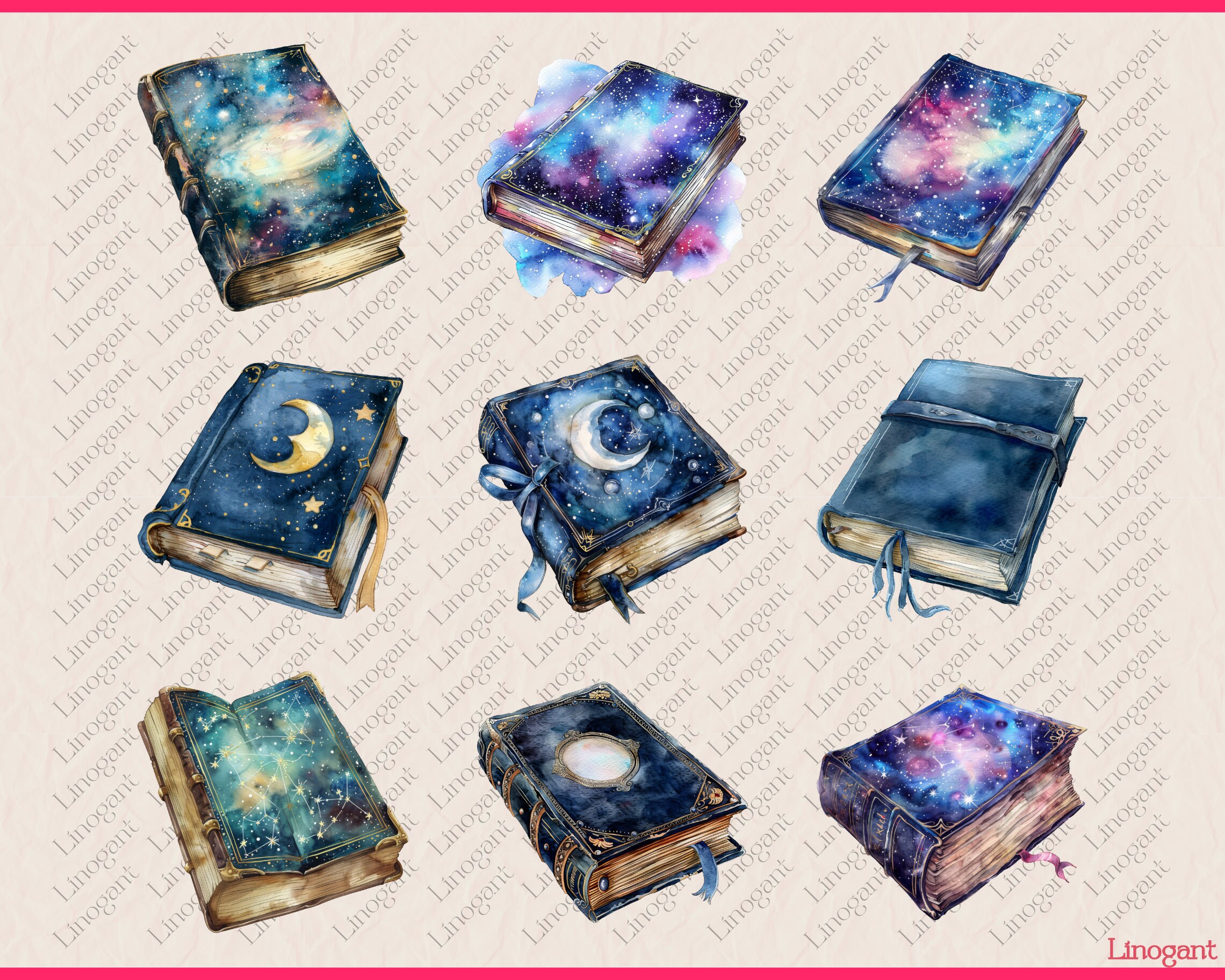 Watercolor Celestial Book Clipart Bundle, Grimoires Clip Art Set ...
