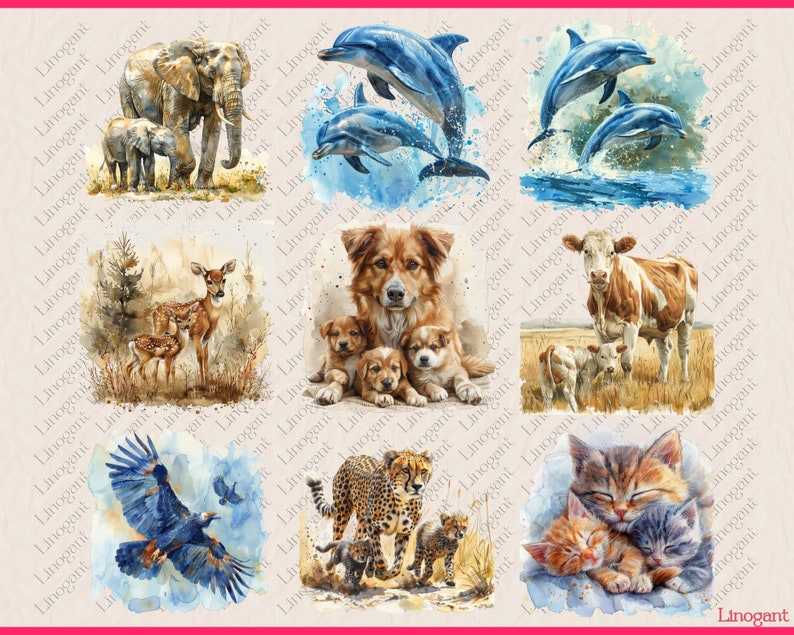 Watercolor Cute Mother and Baby Animals Clipart Bundle, Mom and Baby ...