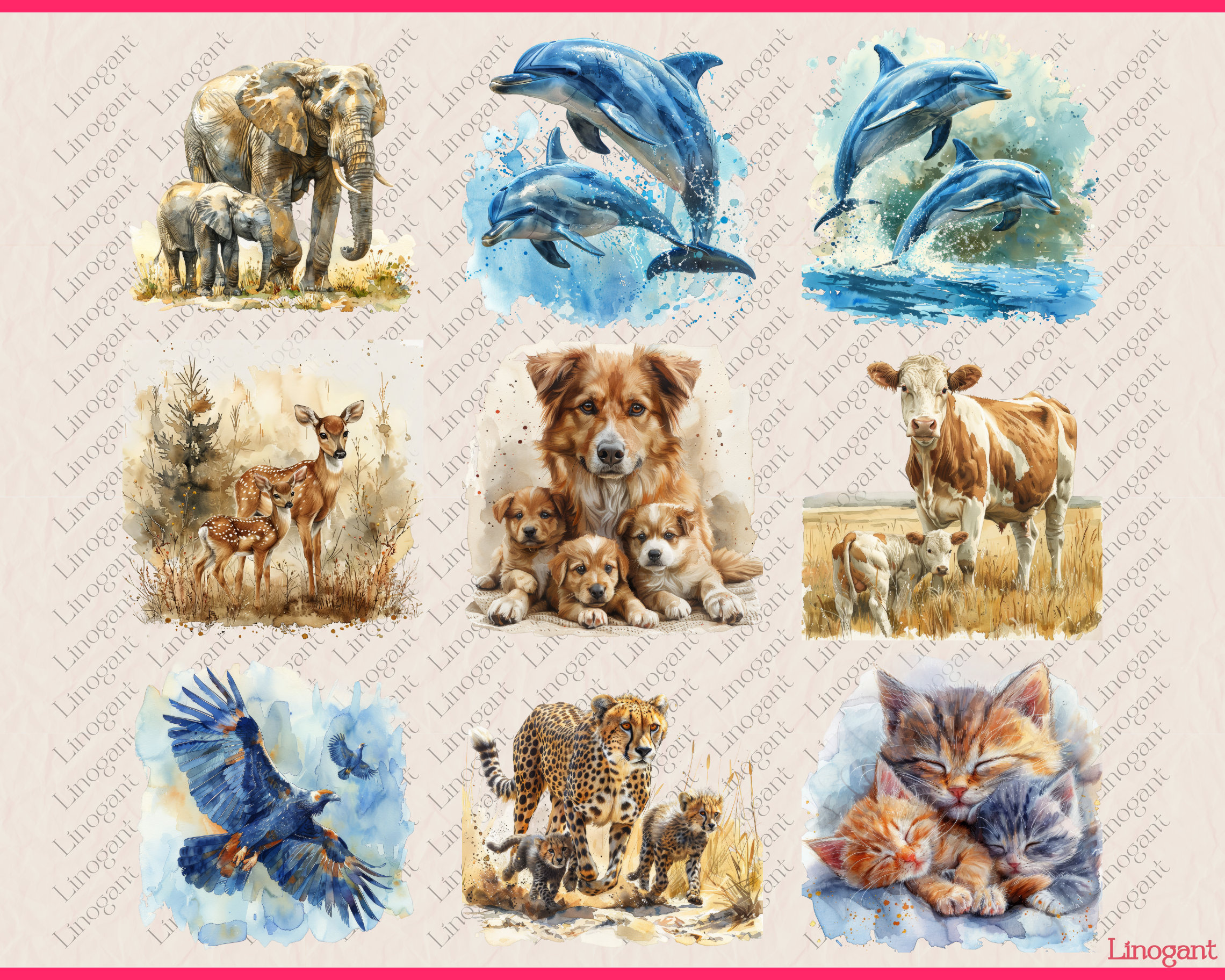 Watercolor Cute Mother and Baby Animals Clipart Bundle, Mom and Baby ...