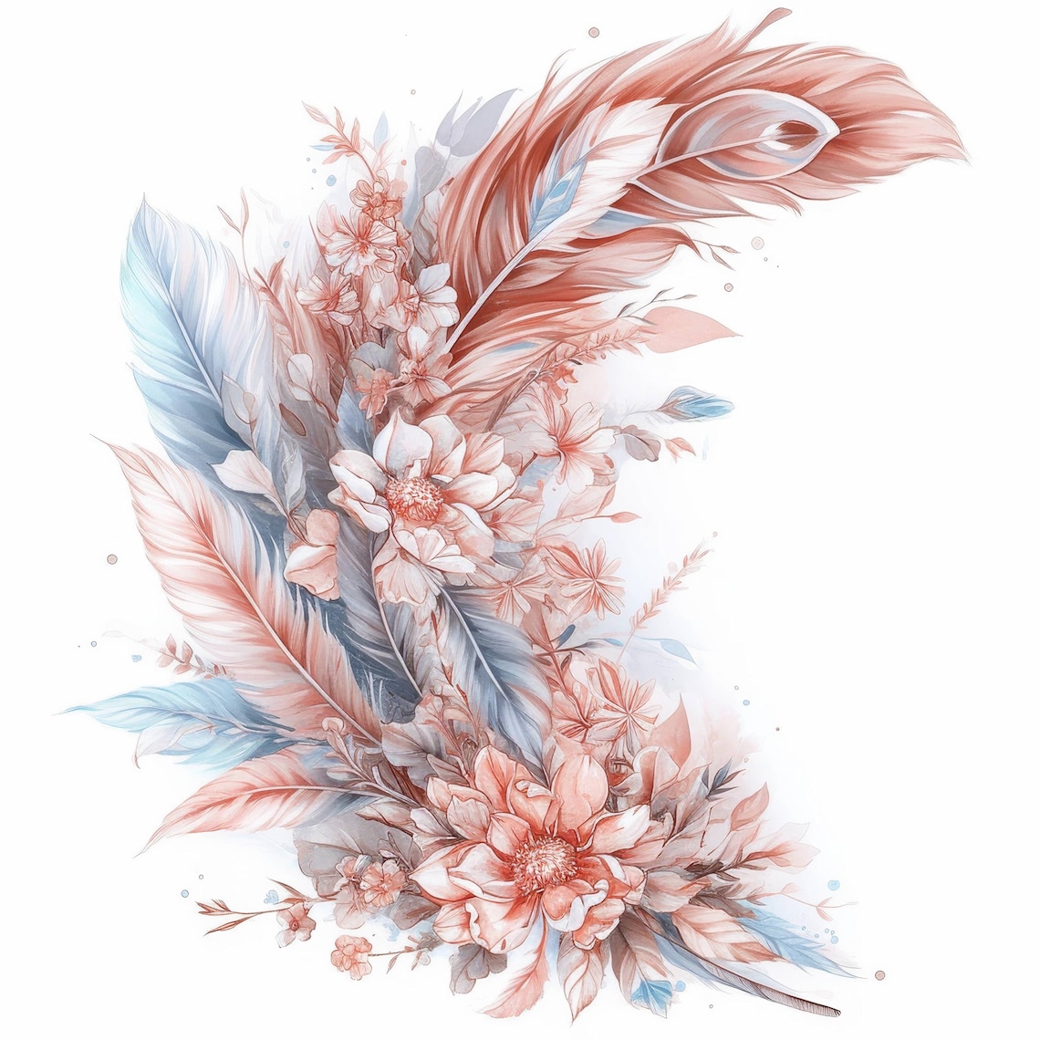 16 Floral Feather Clipart Bundle, Boho Elegance Illustration, Printable ...
