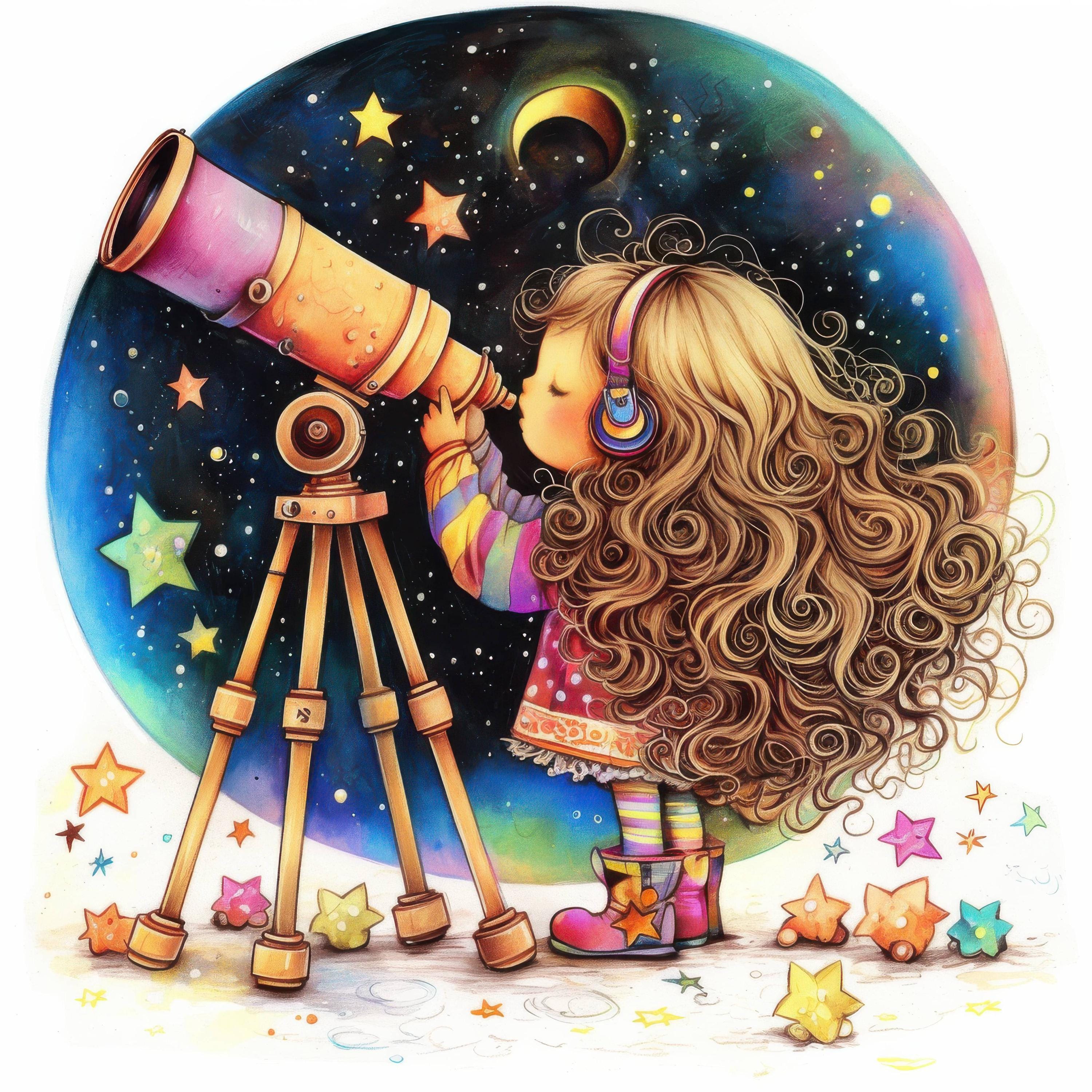 Whimsical Stargazer Girl Clip Art 10 High Res Watercolor Jpgs for Junk ...