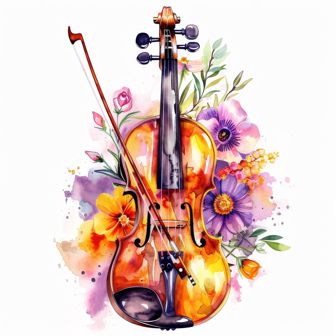 Floral Fiddle Clip Art 10 High Res Watercolor Jpgs Junk Journaling ...