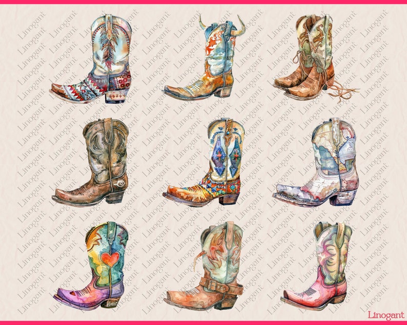 Watercolor Western Cowboy Boot Clipart Bundle, Cowgirl Shoe Clip Art ...