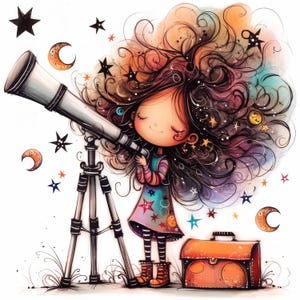 Whimsical Stargazer Girl Clip Art 10 High Res Watercolor Jpgs for Junk ...