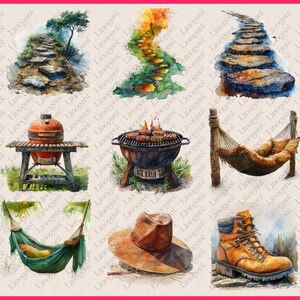 Watercolor Camping Clipart Bundle, Camp Gear Clip Art Set, Campfire ...
