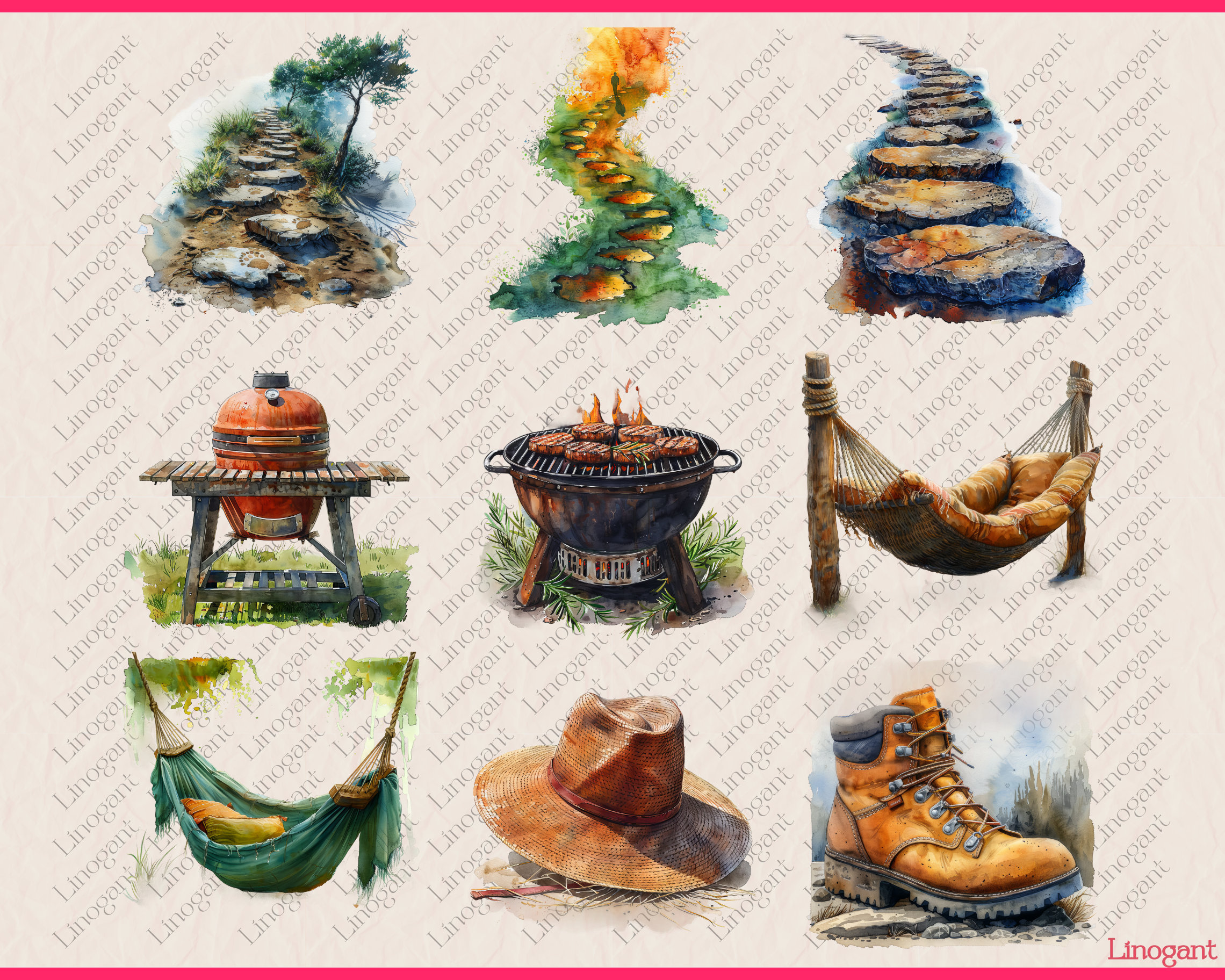 Watercolor Camping Clipart Bundle, Camp Gear Clip Art Set, Campfire ...