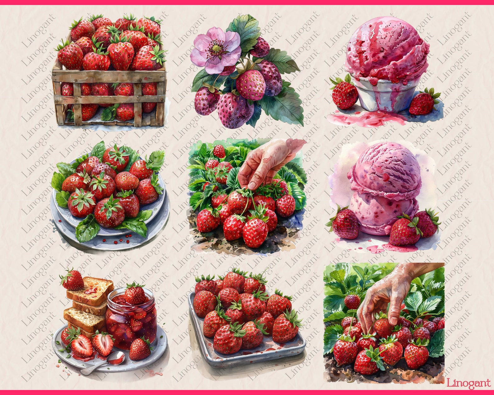 Watercolor Strawberry Clipart Bundle, Fruits Clip Art Set, Straw Berry ...