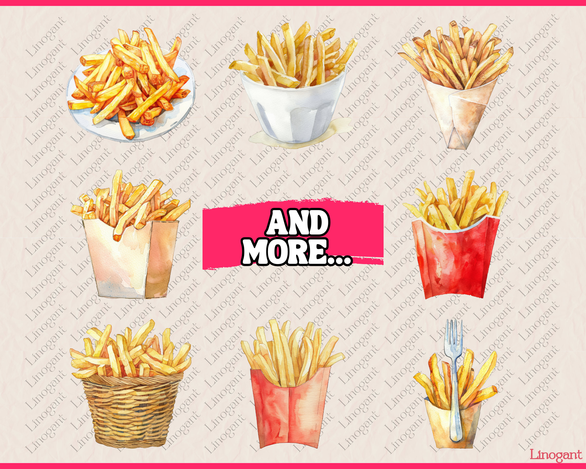 Watercolor French Fries Clipart Bundle, Fast Food Clip Art Set ...
