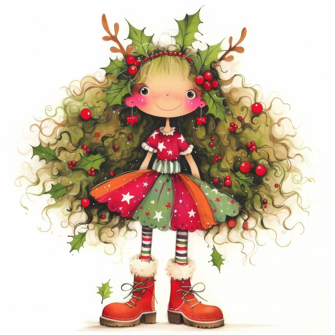 Funny Christmas Girl Clip Art 10 High Res Watercolor Jpgs Junk Journals ...