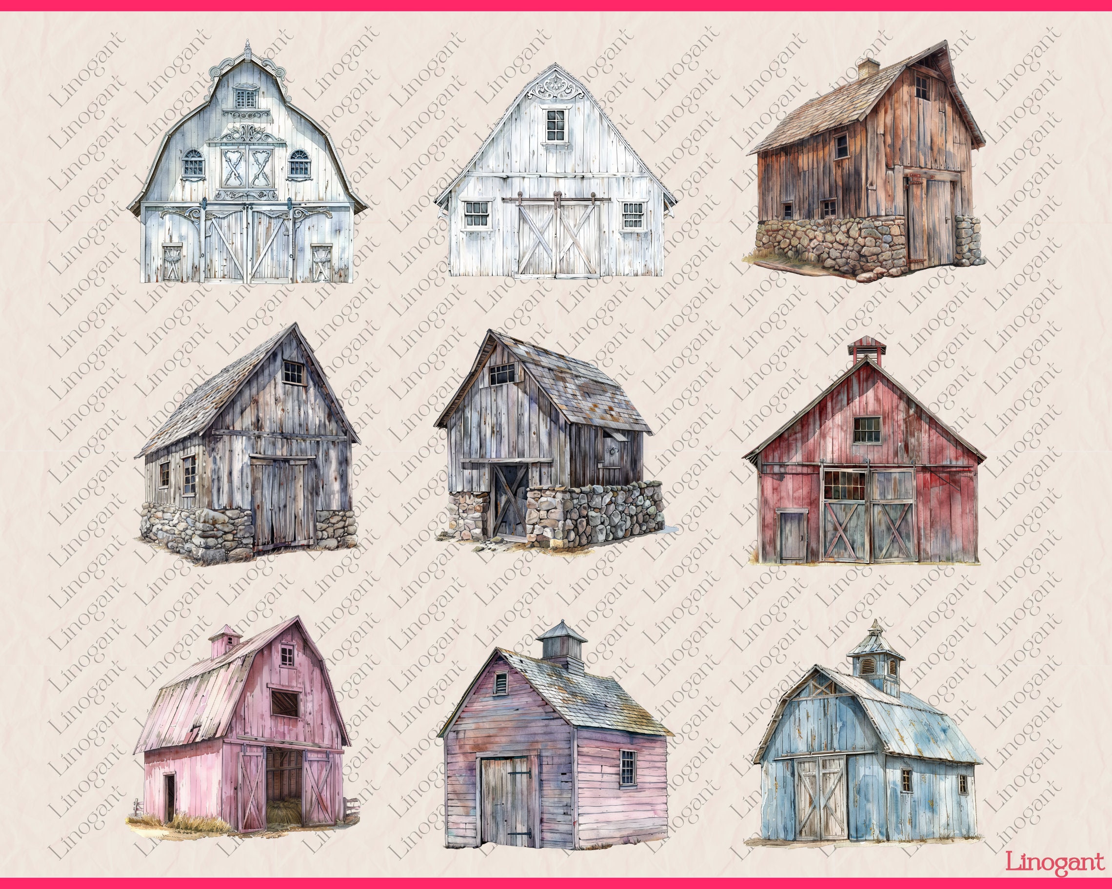 Watercolor Victorian Barn Clipart Bundle, Medieval Farm Clip Art Set ...