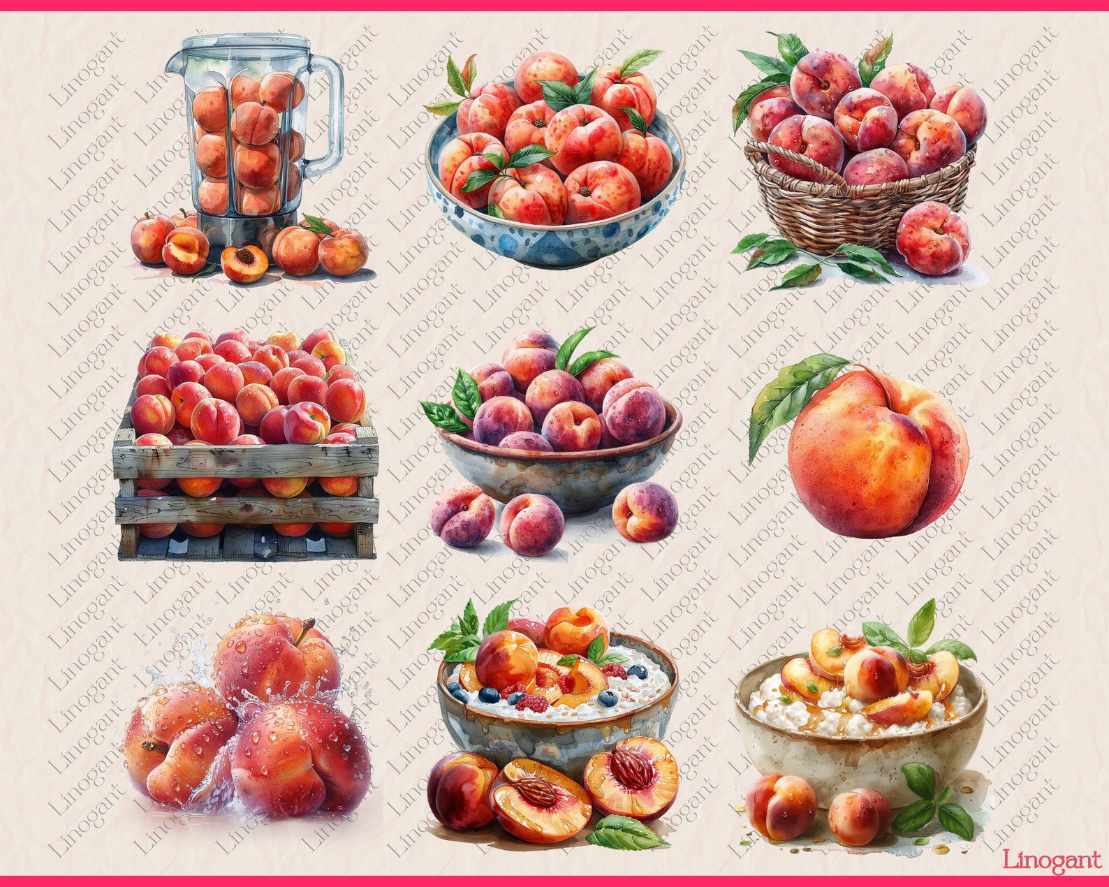 Watercolor Peach Clipart Bundle, Fruits Clip Art Set, Peach Cheese Cake ...