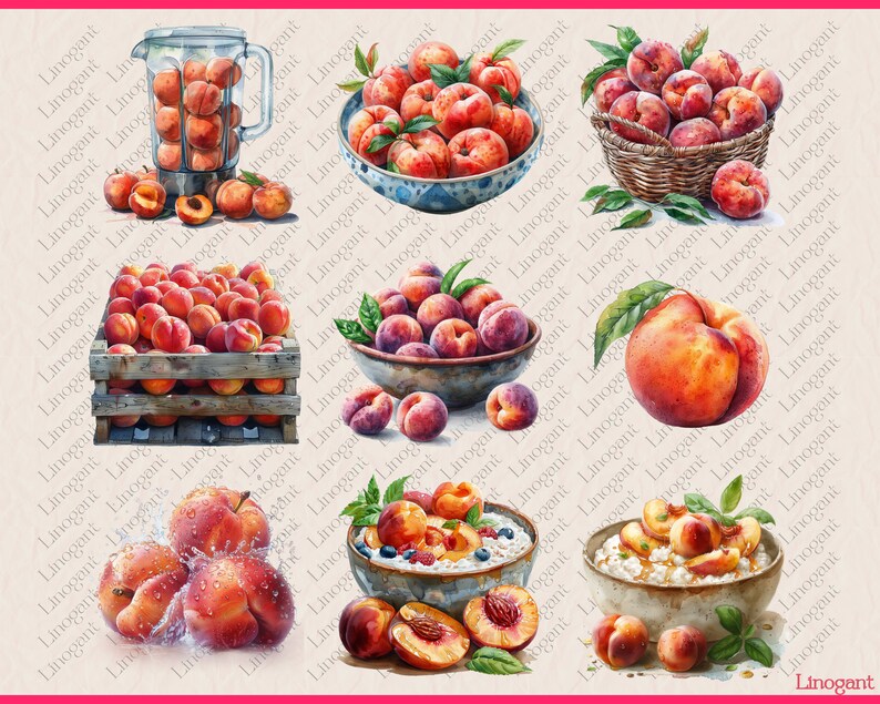 Watercolor Peach Clipart Bundle, Fruits Clip Art Set, Peach Cheese Cake ...