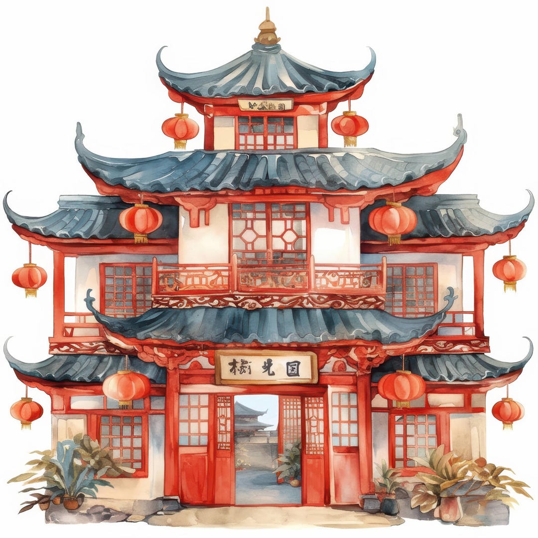 10 Chinese Pagoda Clipart Bundle, Tranquil Temple Illustration ...