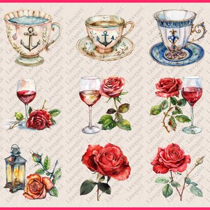 Watercolor Red Rose Objects Clipart Bundle, Floral Clip Art Set, Flower ...
