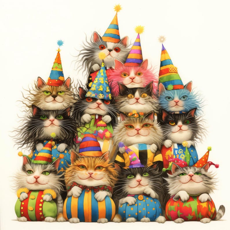 Whimsical Party Cats Clip Art 10 High Res Watercolor Jpgs Junk ...