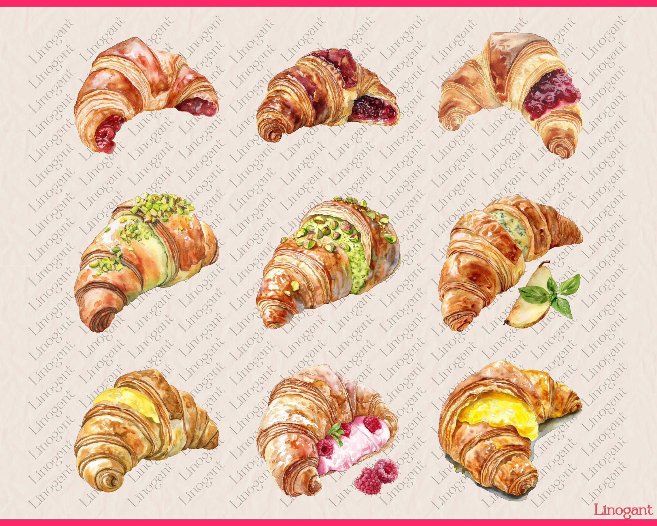 Watercolor Croissant Clipart Bundle, Breakfast Clip Art Set, Bakery ...