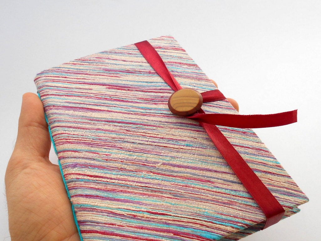 Blue Red Journal Notebook, Lined Paper for Writing, Raw Silk Fabric ...