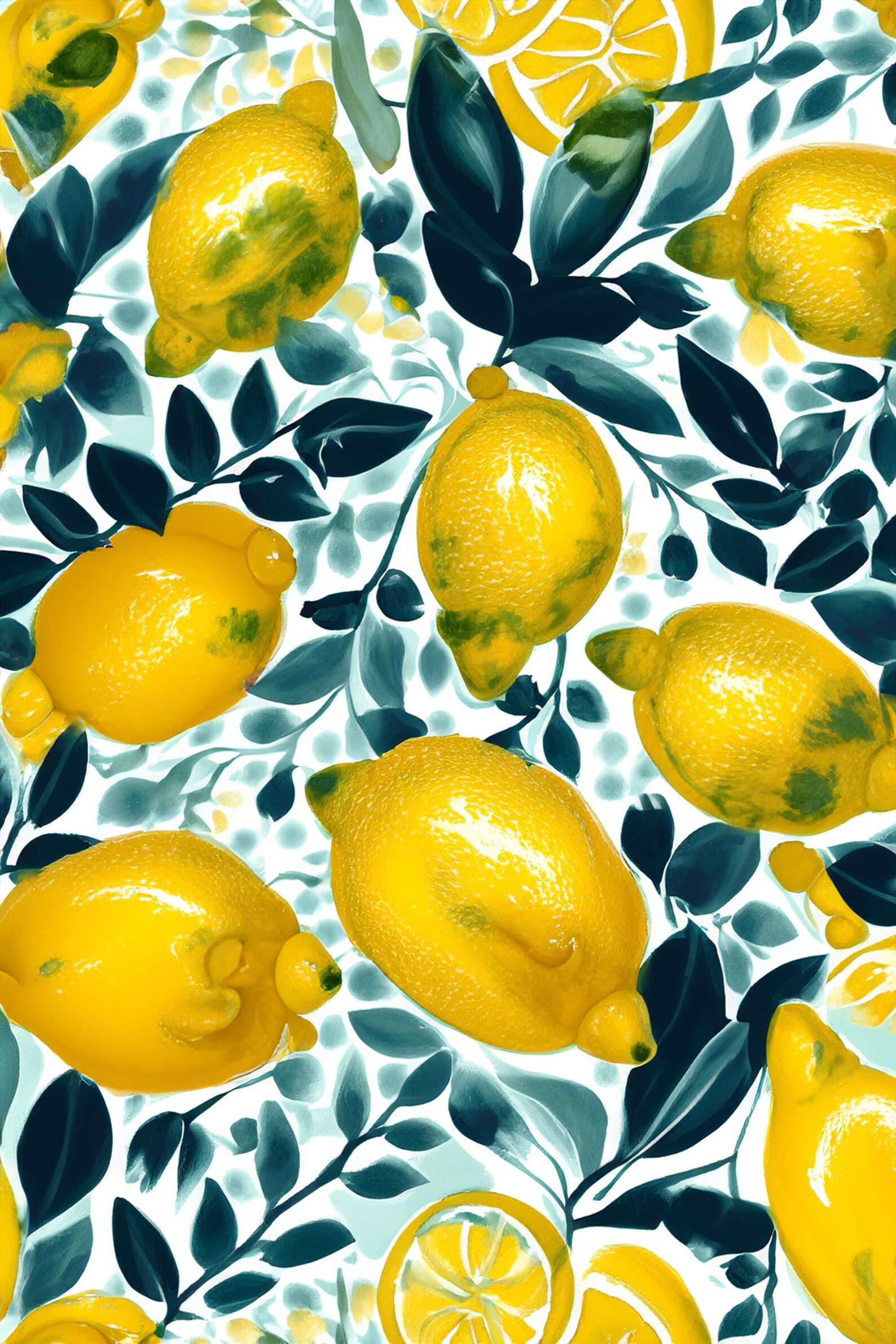 Mediterranean Lemons and Blue Tile Yellow and Blue Digital Backgrounds ...