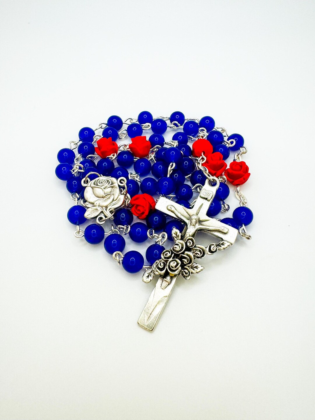 Blue and Red Rose Rosary | Floral Crucifix | Our Lady of Grace | Queen ...