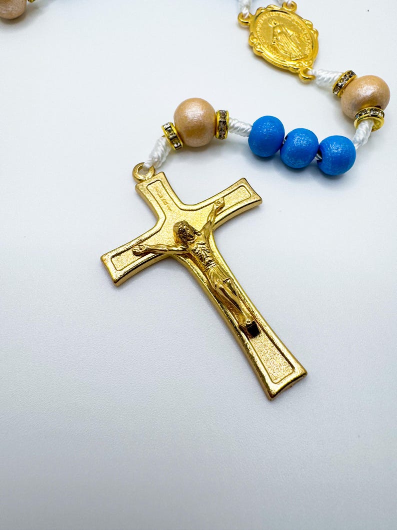 Blue and Gold Catholic Rosary | Miraculous Medal | Painted Wood Beads ...