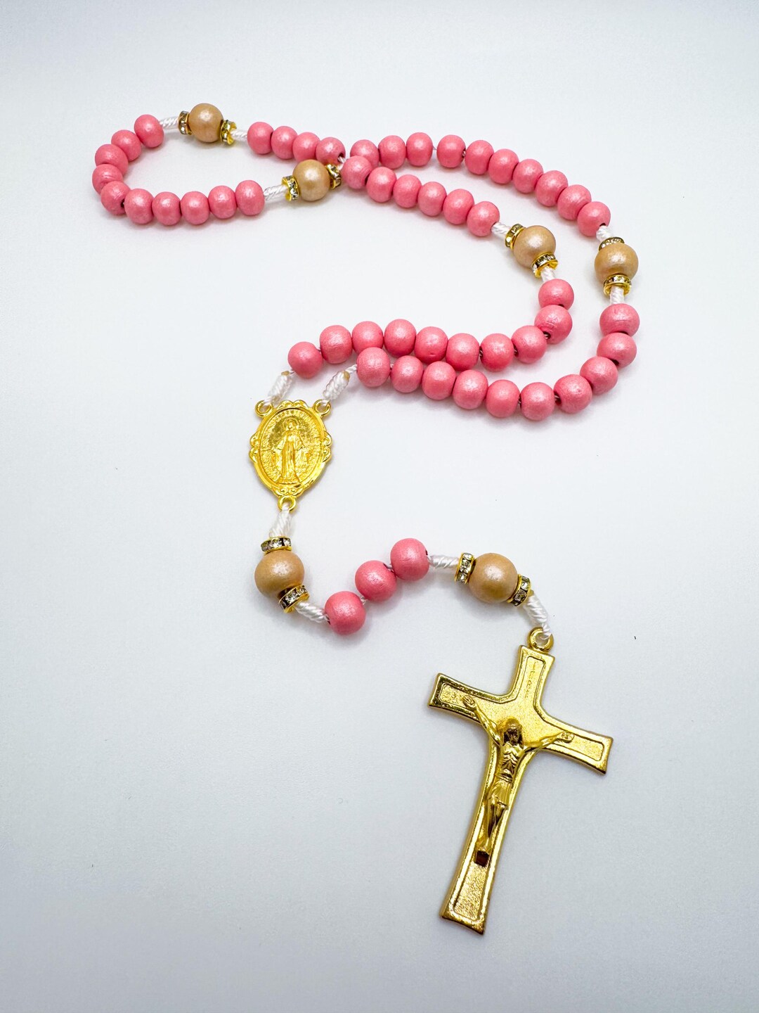 Pink and Gold Catholic Rosary | Women’s Rosary | Painted Wood Beads ...